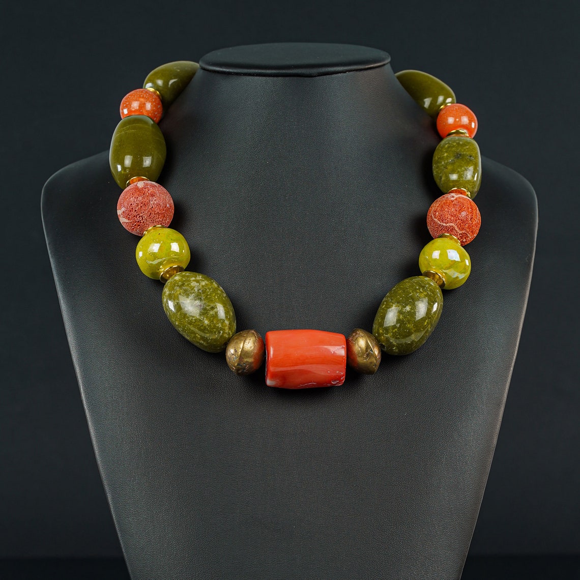 Olive Agate and Coral Bamboo Necklace - Etsy