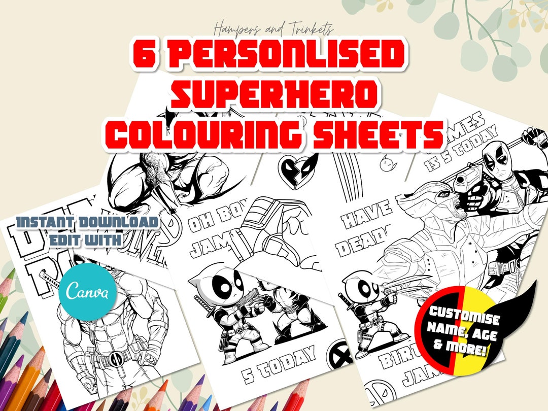 6 Personalized Superhero Coloring Sheet Coloring Pages Customizable ...