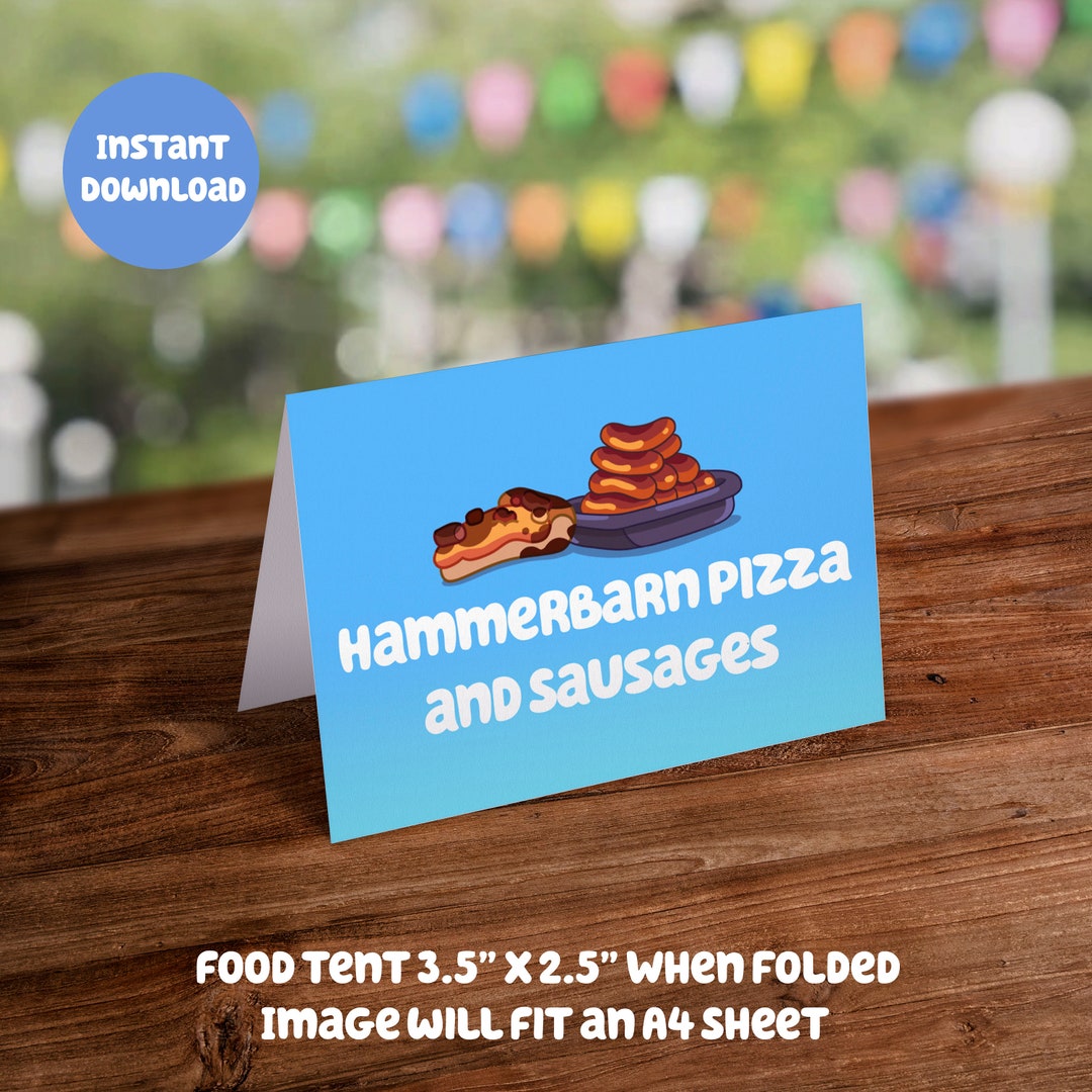 Blue Themed Food Tent Card Hammerbarn Pizza and Sausages: Digital ...