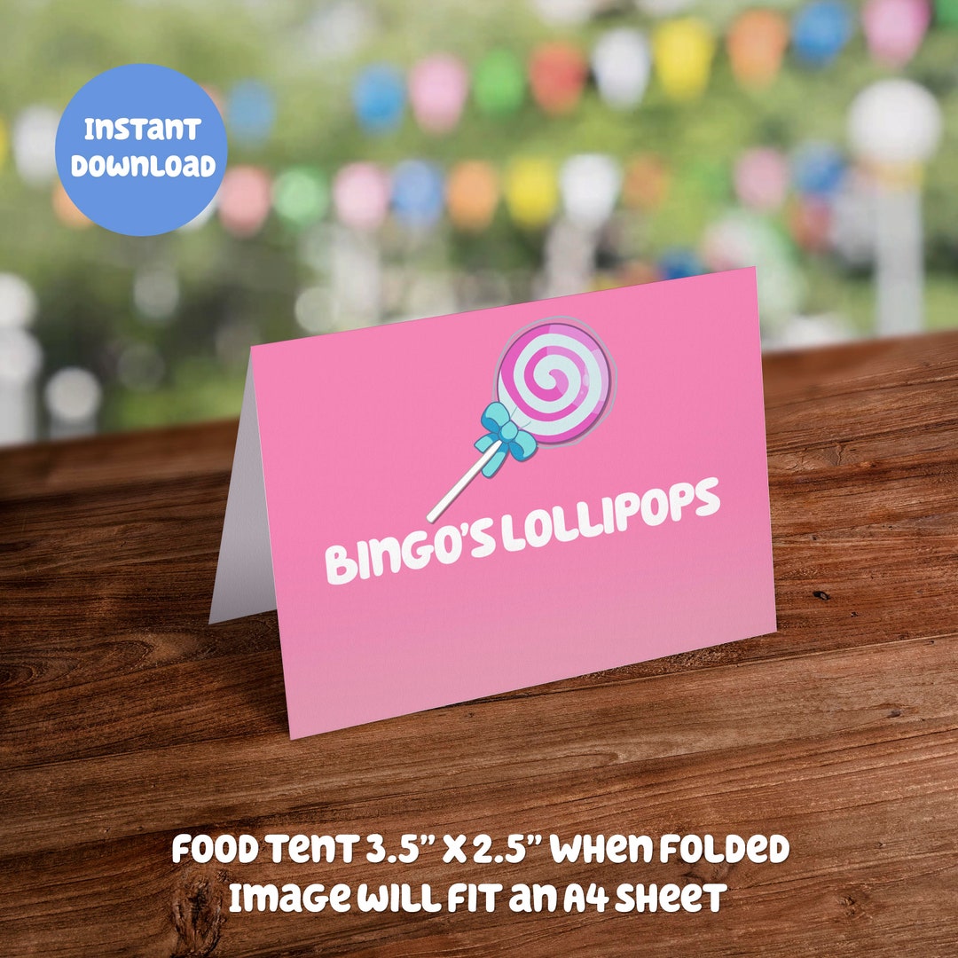 Blue Themed Food Pink Tent Card Bingo's Lollipops: Digital Download DIY ...