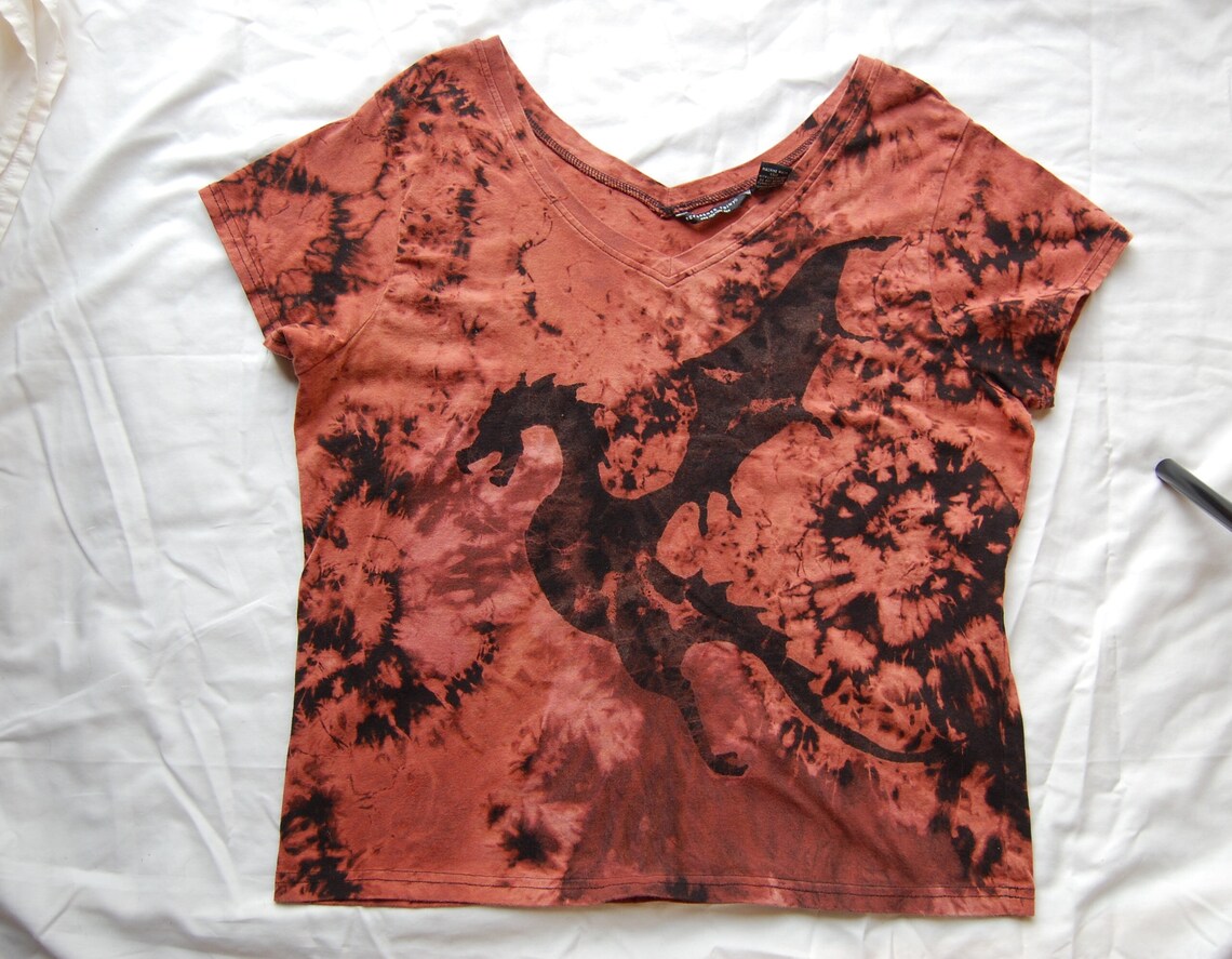 Upcycled Batik Tie Dye Dragon Fantasy XL Brown Black Cotton Shirt Ren ...