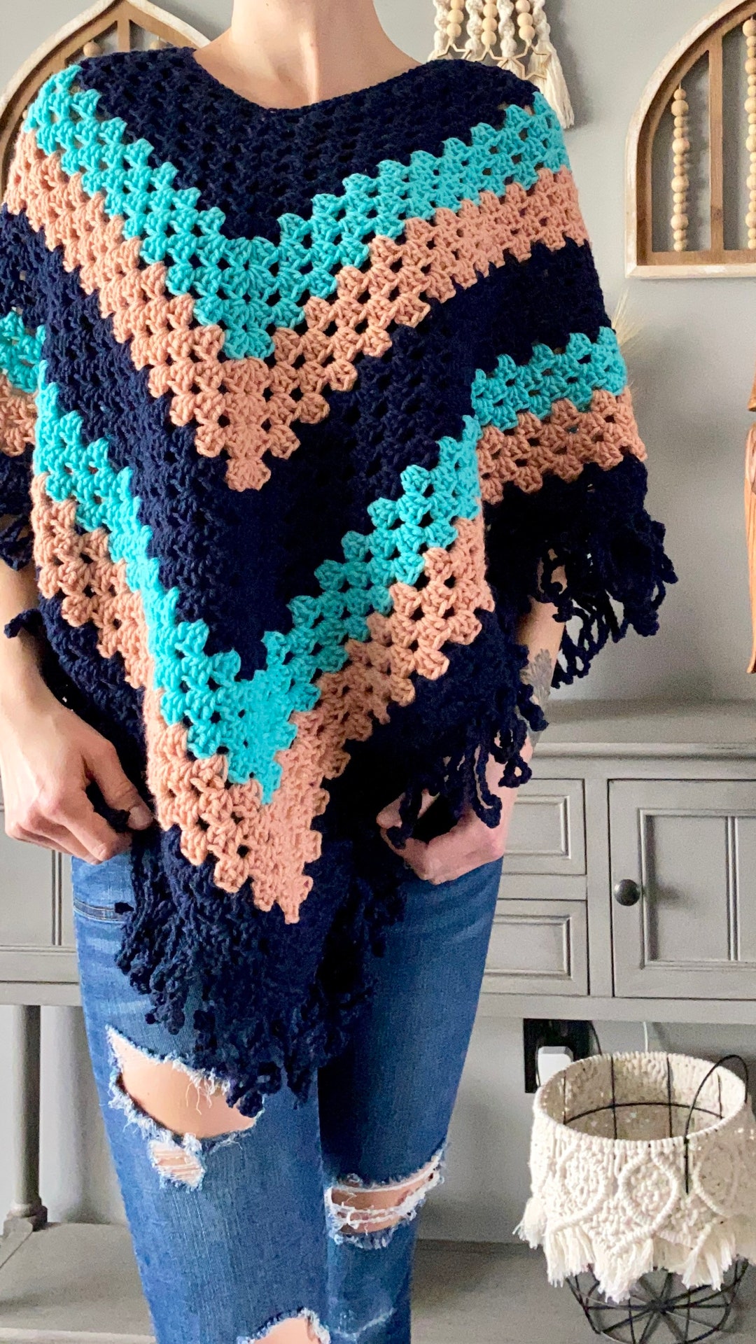 Crochet Granny Stitch Poncho Retro Style Poncho Fringe - Etsy