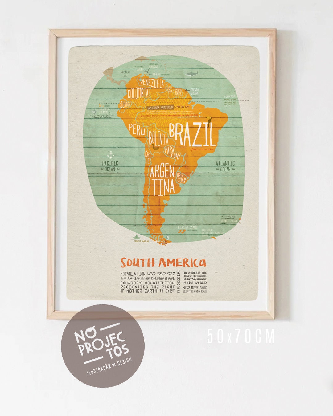 Original SOUTH AMERICA Continent MAP Wall Art Printing Poster ...