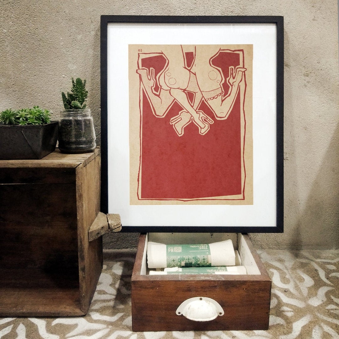 A Bit Too Saucy Scissoring Naughty Art Work Poster Wall Art Printing Illustration Print Graphic