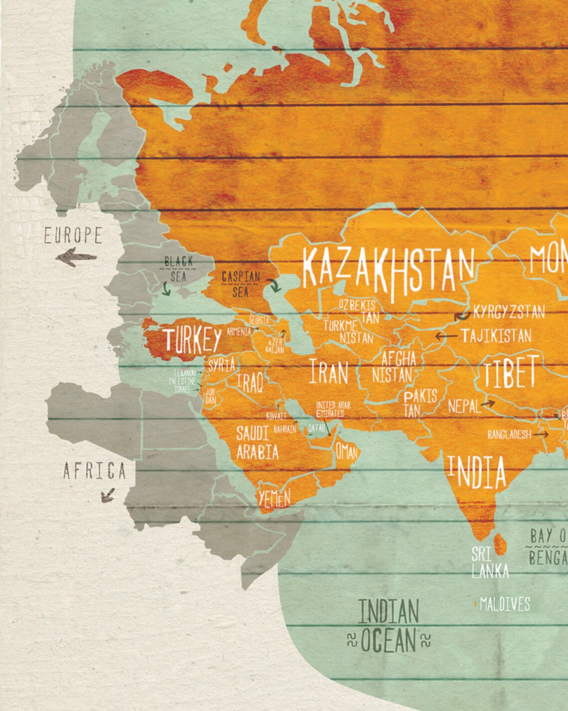 Original ASIA Continent MAP Wall Art Printing Poster Illustration Print ...