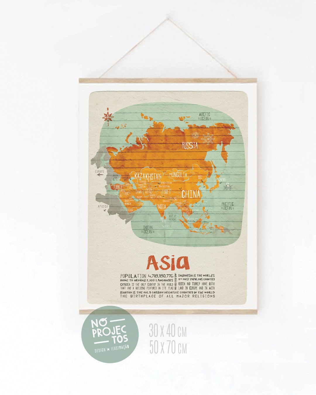Original ASIA Continent MAP Wall Art Printing Poster Illustration Print ...