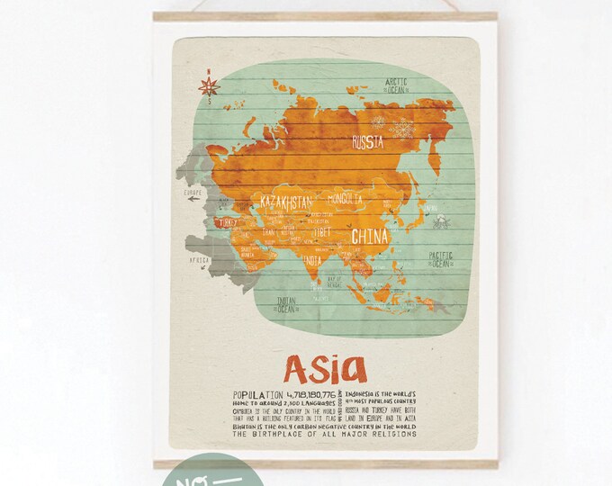 Original ASIA Continent MAP Wall Art Printing Poster Illustration Print ...