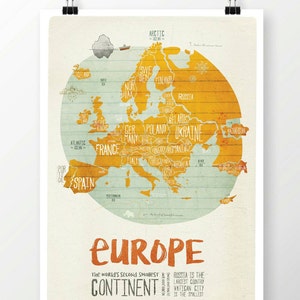 Original EUROPE Continent MAP Wall Art Printing Poster Illustration ...