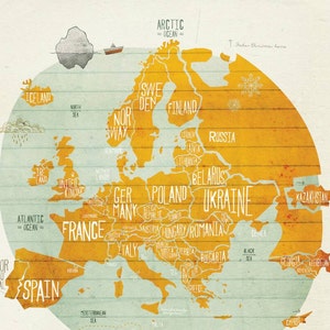 Original EUROPE Continent MAP Wall Art Printing Poster Illustration ...