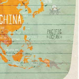 Original ASIA Continent MAP Wall Art Printing Poster Illustration Print ...