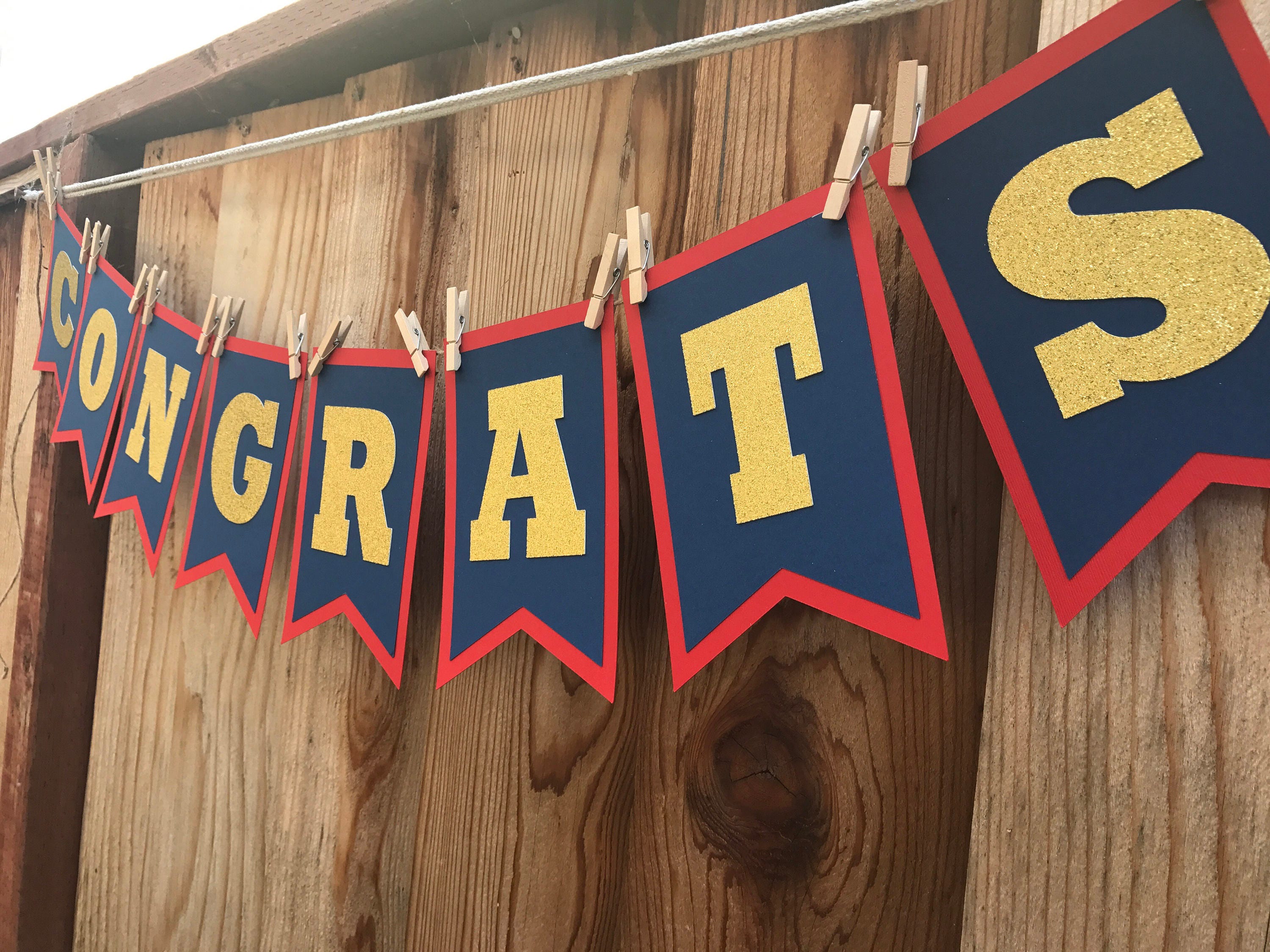 Congrats Banner | Navy Red and Glitter Gold | Party Banner | Custom ...