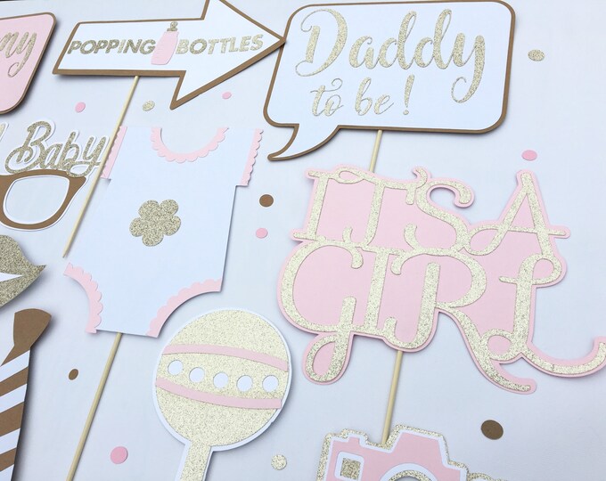 Baby Shower Photo Booth Props, Oh Baby Photo Booth Props, Gold and Pink ...