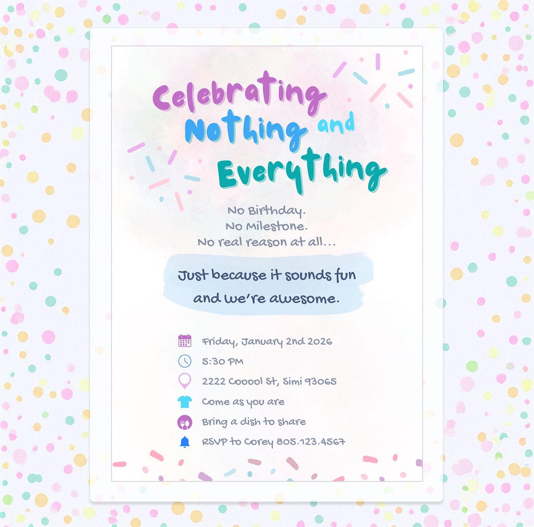 Just Because Party Invitation, Celerbate Confetti, Pastel, Canva ...