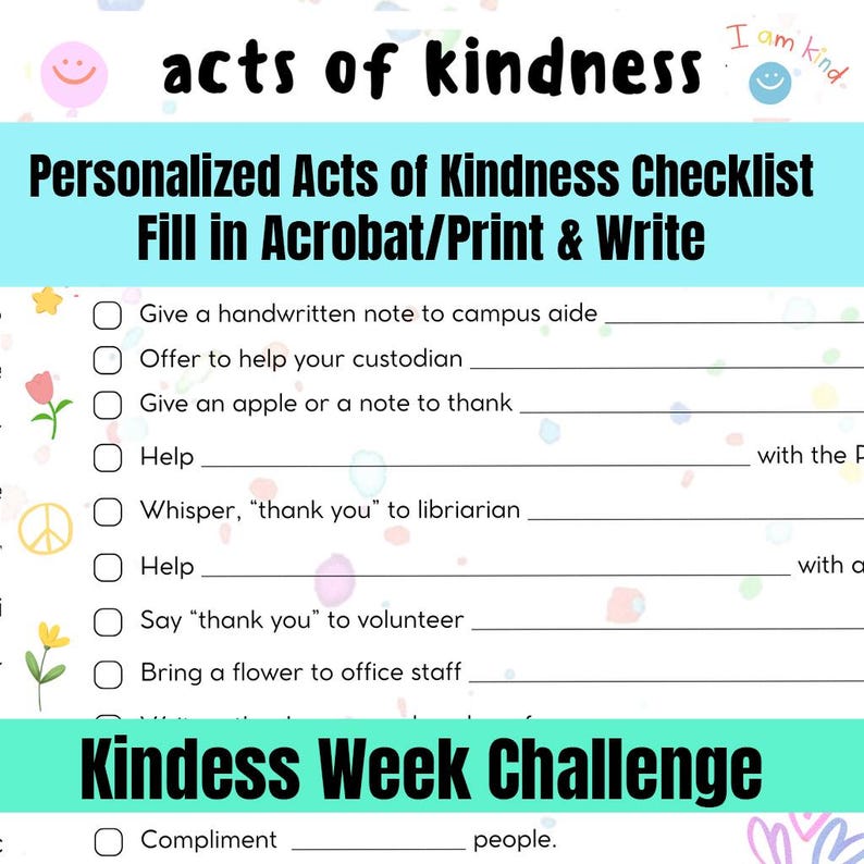 Acts of Kindness Checklist - PDF Form Fillable, Editable and Custom ...