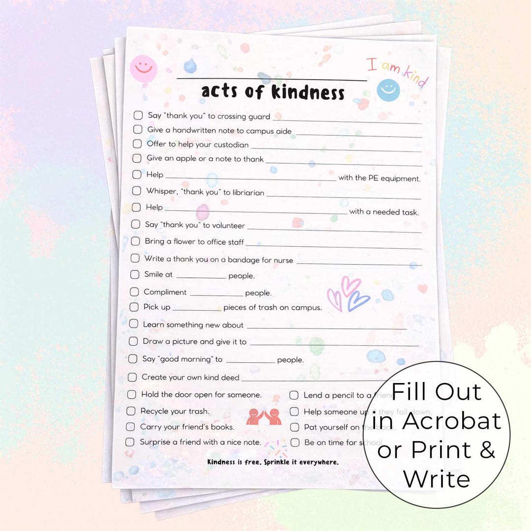Acts of Kindness Checklist - PDF Form Fillable, Editable and Custom ...