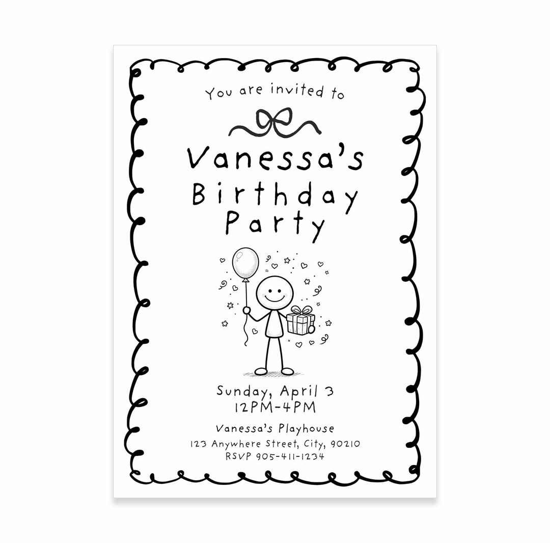 Minimialist Birthday Invitation, Doodle Stick Figure Bday Invite Canva ...