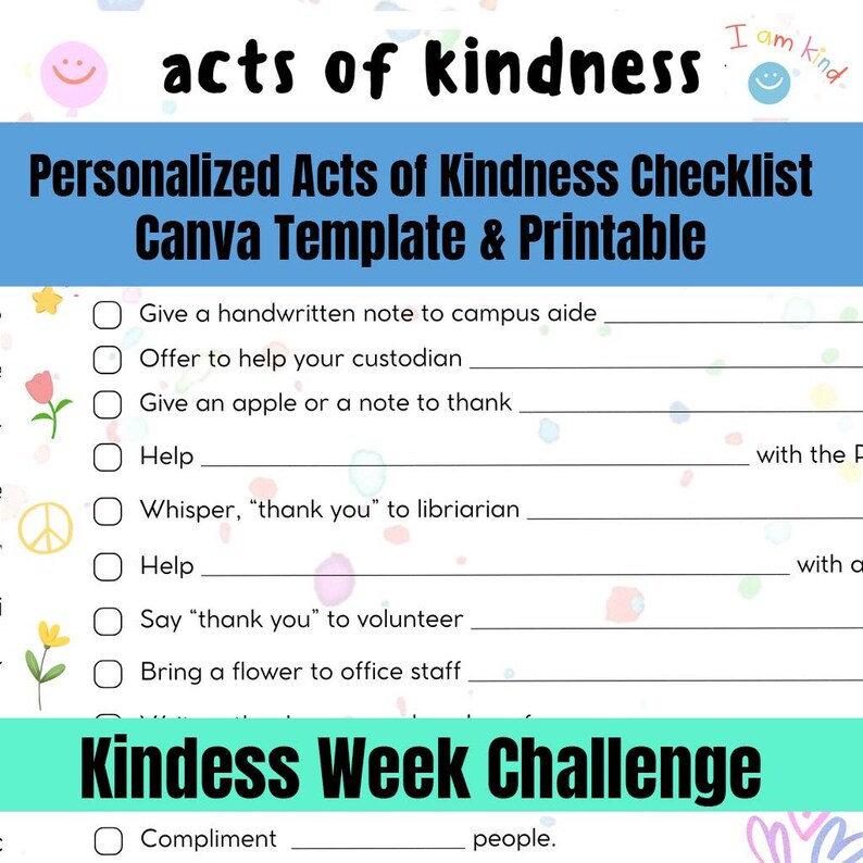 Acts of Kindness Checklist Canva Template - Printable and Personalized ...