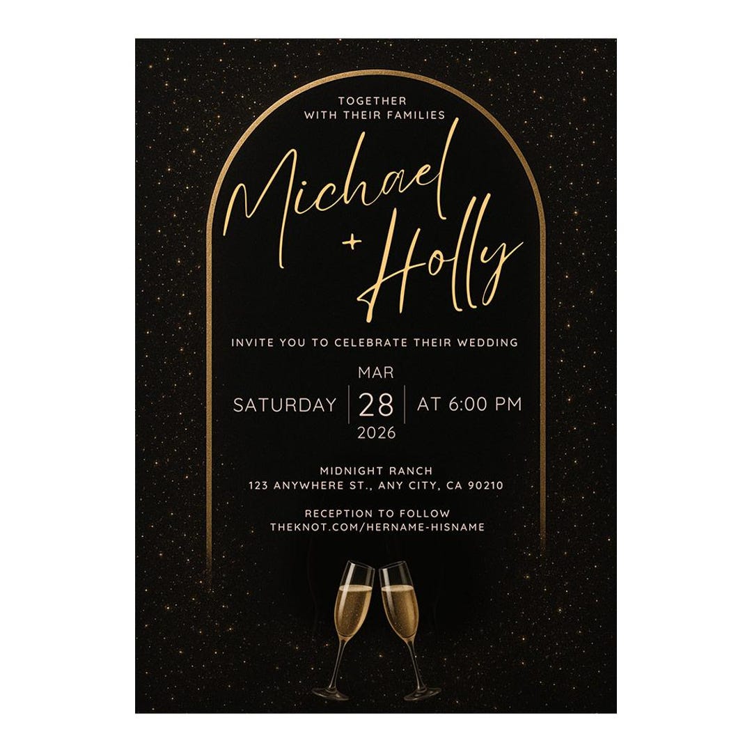 Black & Gold Champagne Wedding Invitation, Elegant Birthday Invite ...