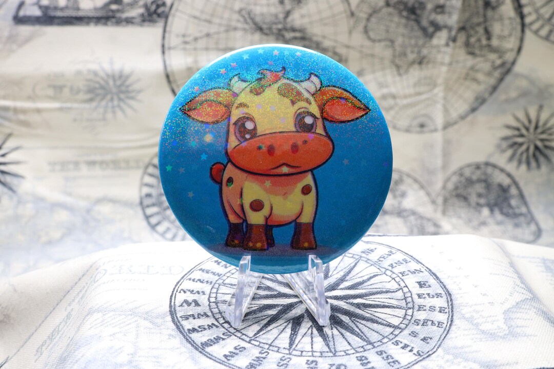 Cartoon Animal Cow Pinback Button With Holographic Overlay Wearable Art ...