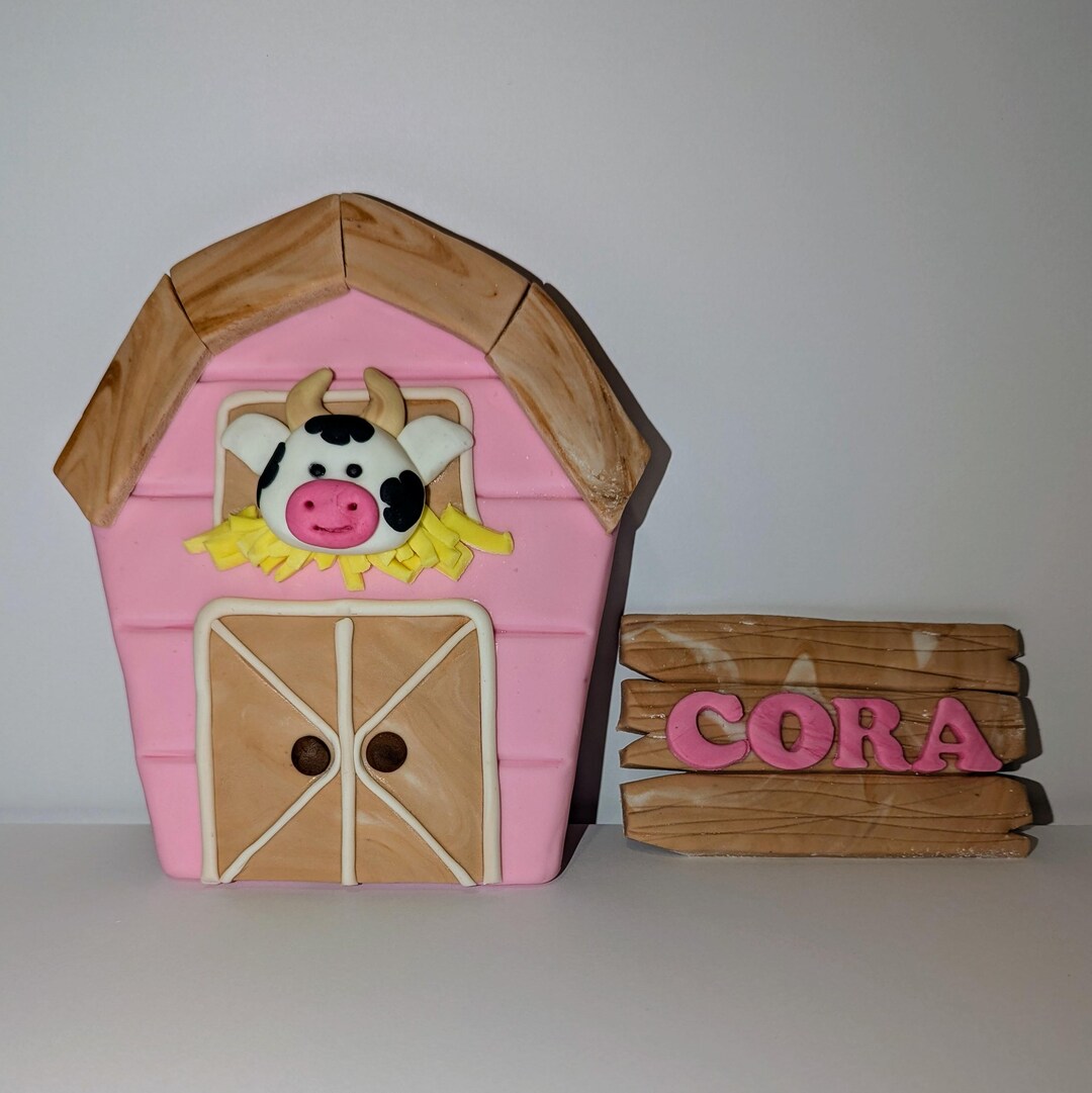 Pink Barn Farm Fondant Cake Topper With Name Personalized - Etsy