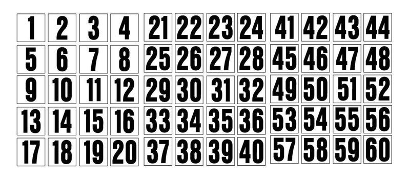 Peel and Stick Letters 1" Inch CONSECUTIVE NUMBERS 1-60 Multiple Combos ...