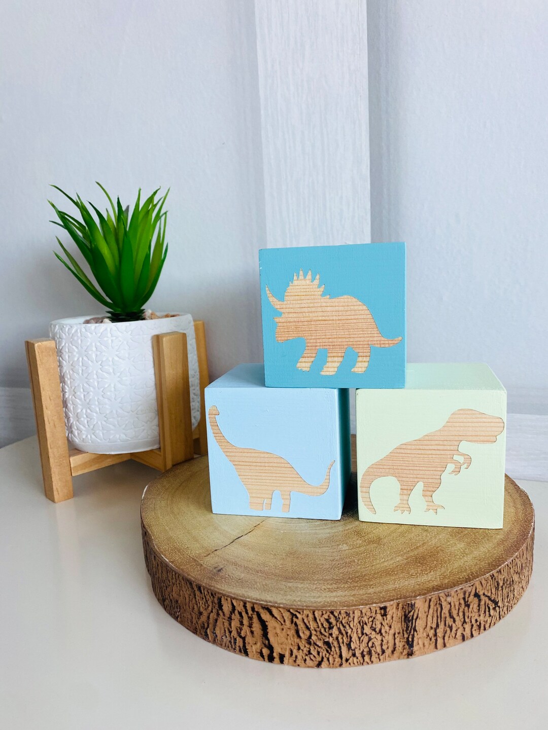 Set of 3 Nordic Blocks Dinosaur Wooden Blocks Cubes Stacking Nursery ...
