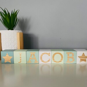 Personalised Shades of Green Wooden Name Letter Blocks Cubes Stacking ...