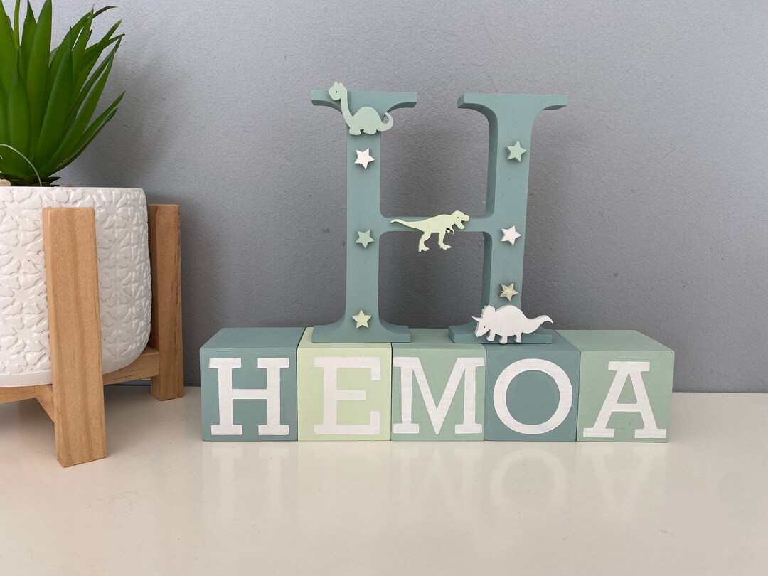 Personalised Shades of Green Wooden Name Letter Blocks Cubes Stacking ...