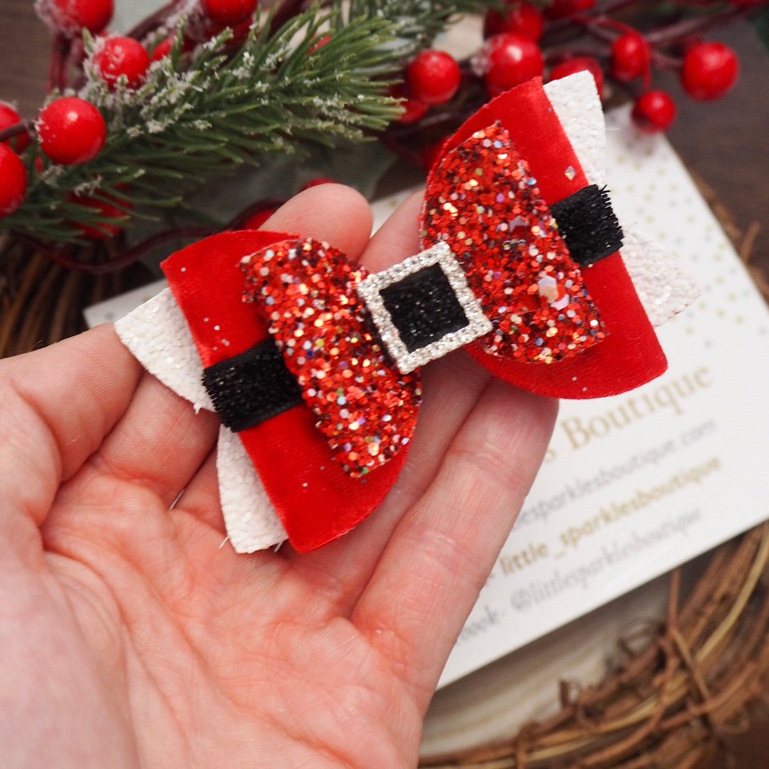 Red Hair Bow, Christmas Bow,red Glitter Bow, Santa Bow, White Hair Bow ...