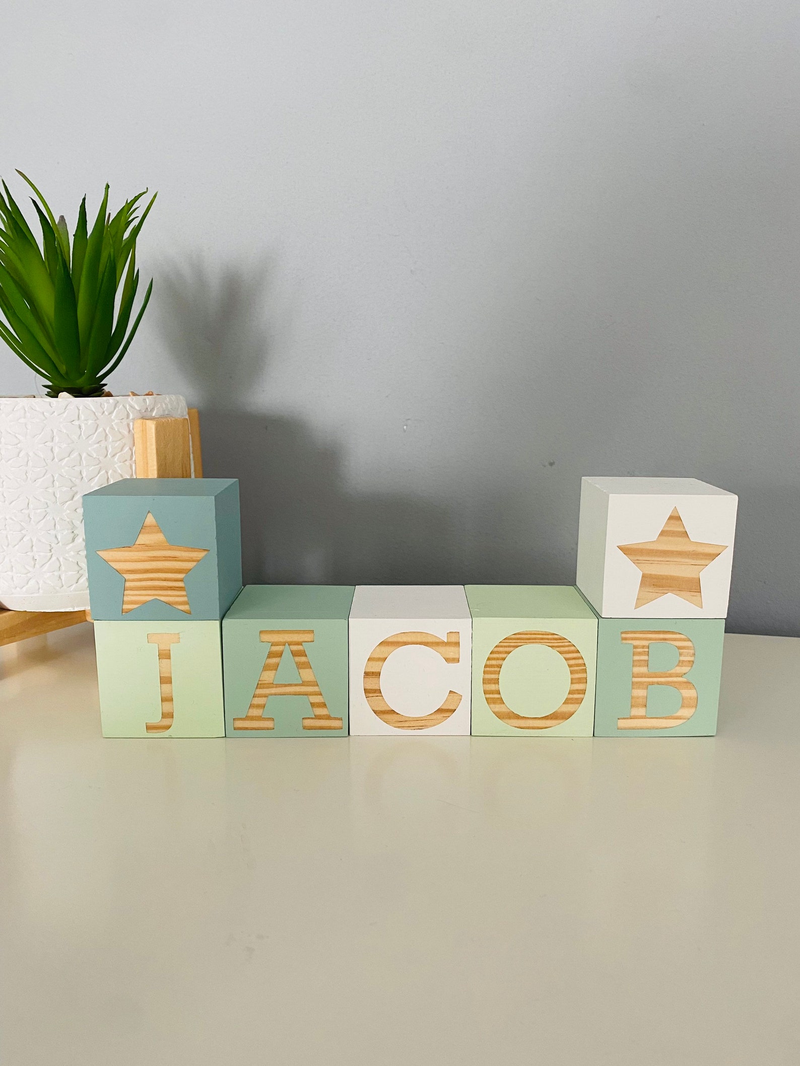 Personalised Shades of Green Wooden Name Letter Blocks Cubes - Etsy