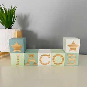 Personalised Shades of Green Wooden Name Letter Blocks Cubes Stacking ...