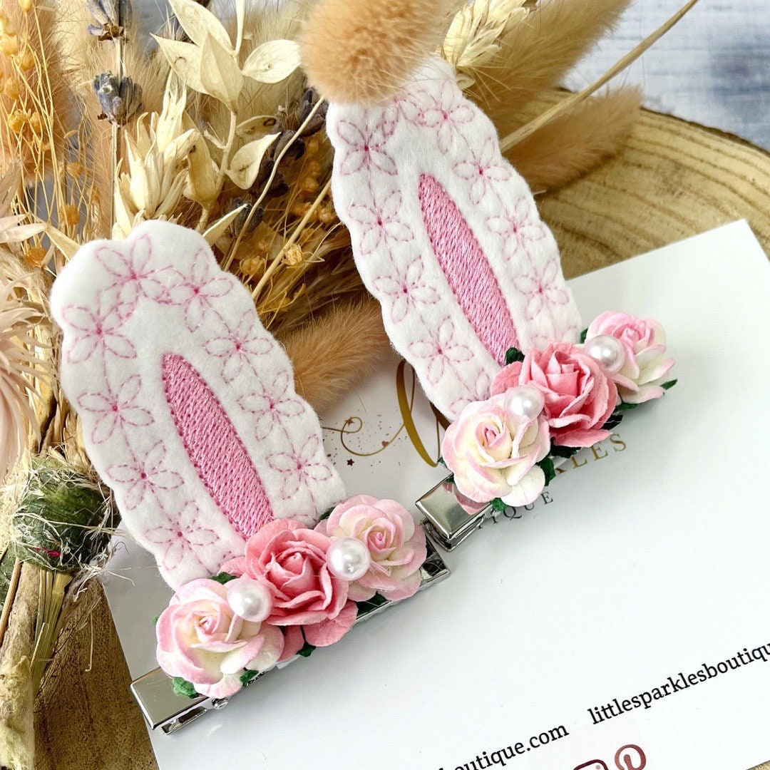 Bunny Ear Clips, Piggie Set, Easter Bow, Flower Clip, Pink Hair Bow ...