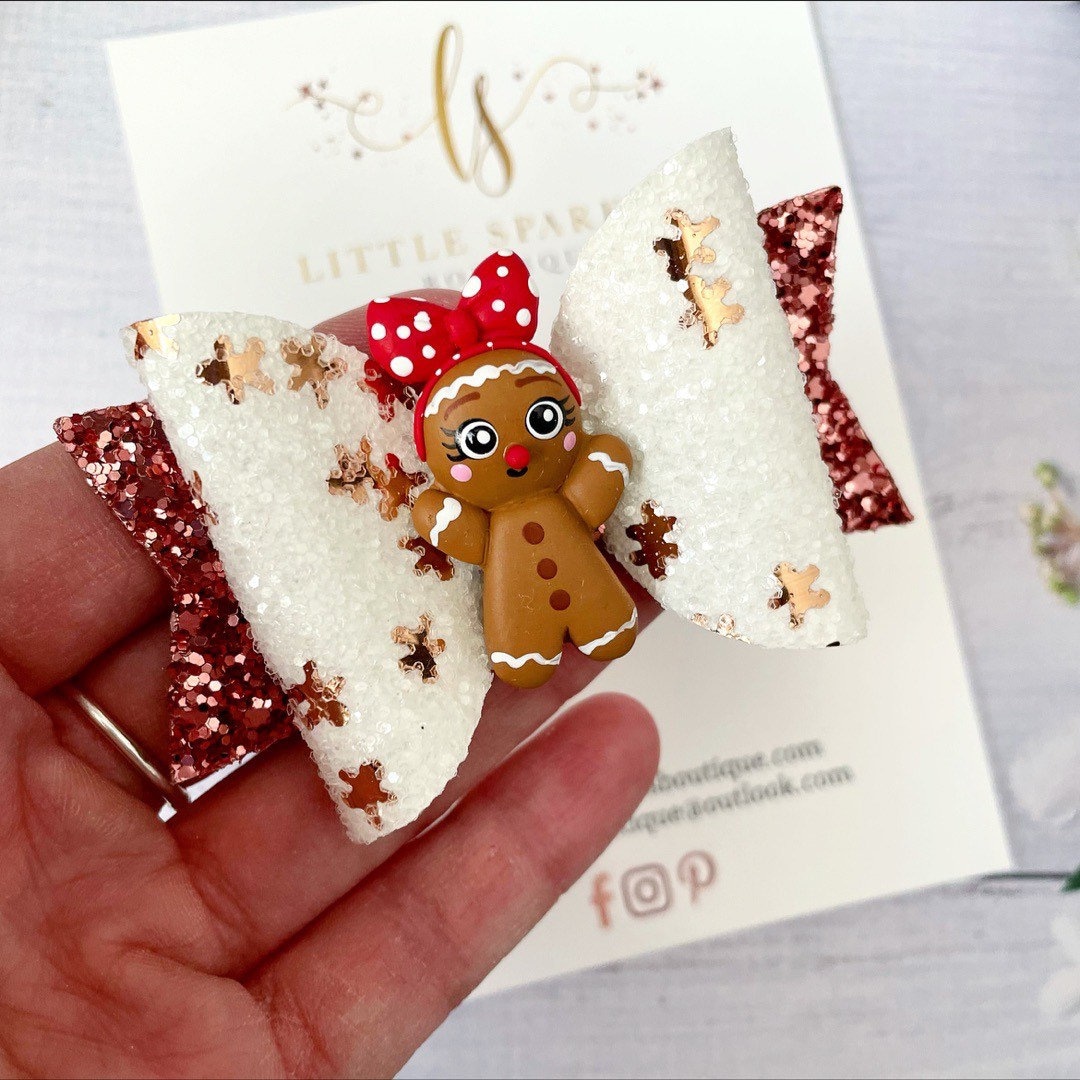 Gingerbread Hair Bow,gingerbread Bow, Christmas Bow, White Glitter Bow ...