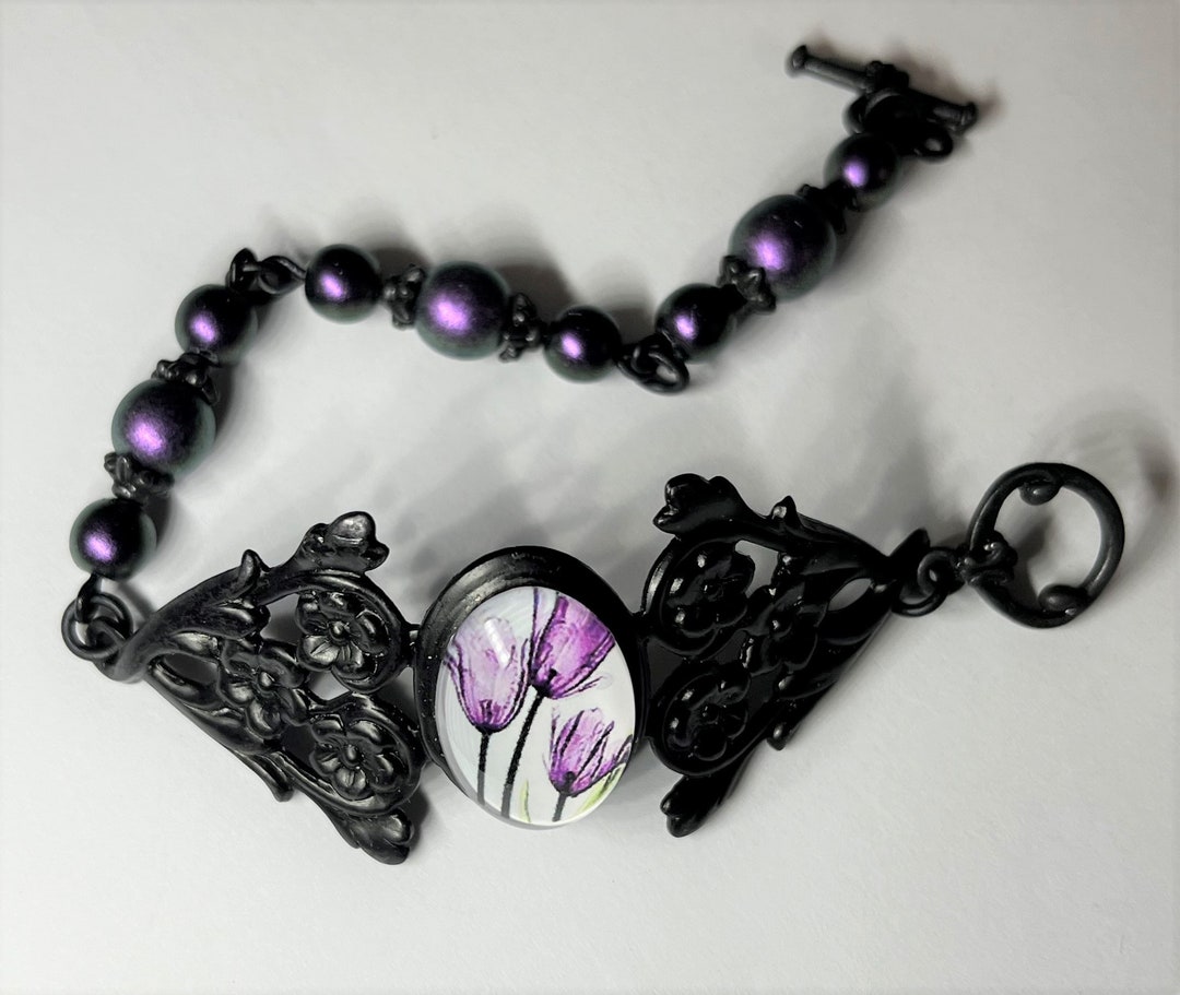 Black and Purple Lily Cameo Brass Toggle Bracelet Black Bracelet Black ...