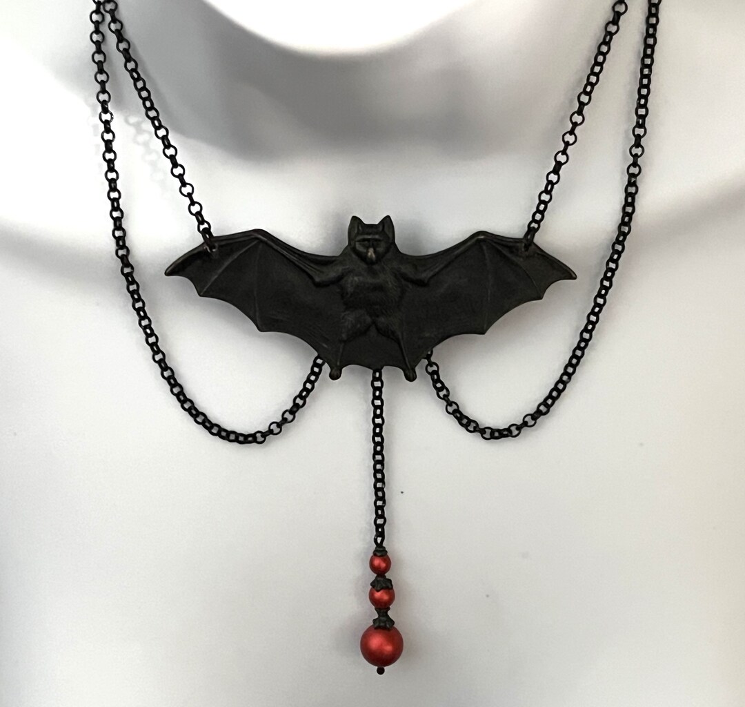 Bat Necklace Black and Red Bat Necklace Victorian Bat Chain Necklace ...