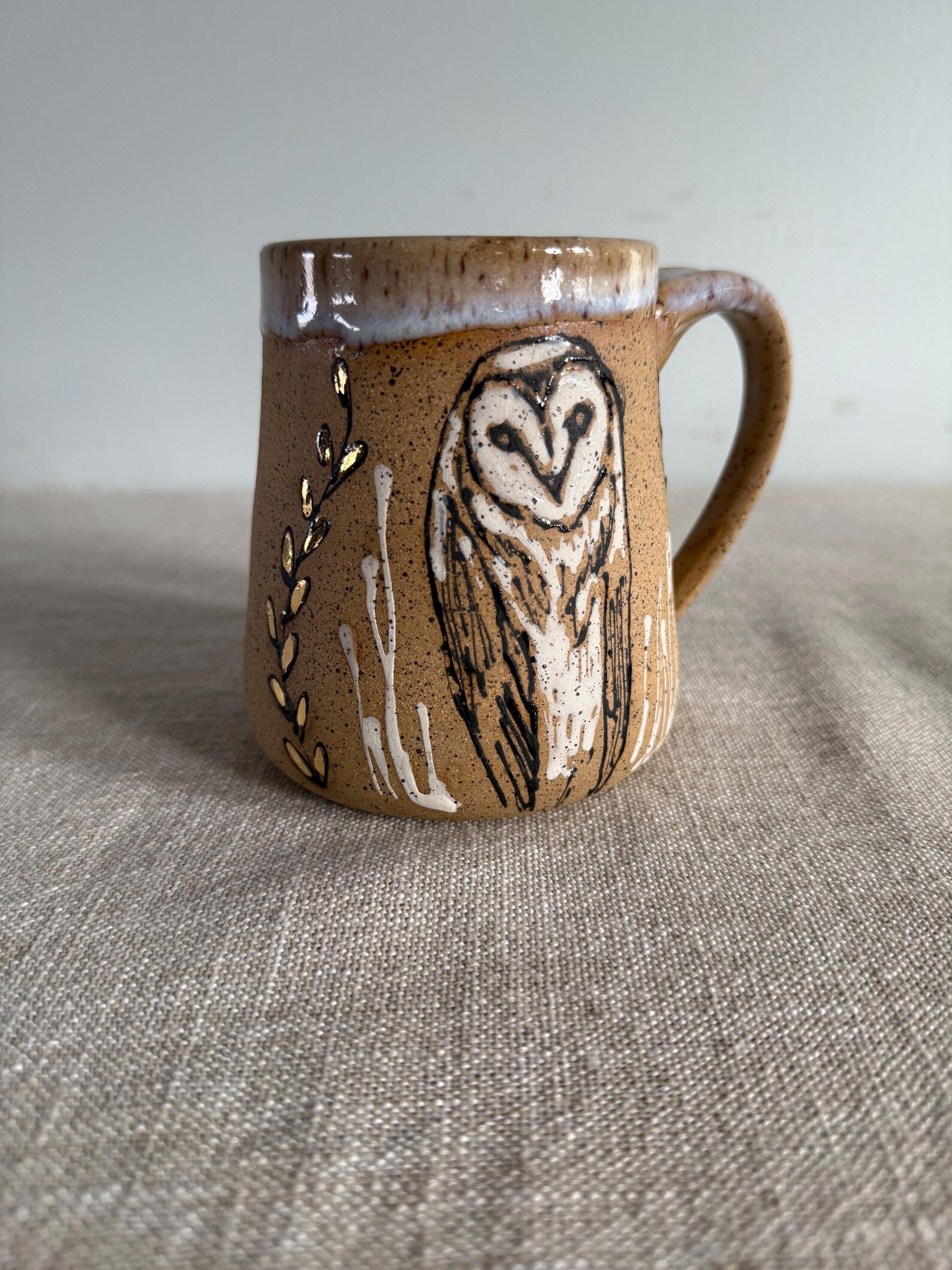 Handmade Barn Owl Pottery Mug, Botanical Coffee Cup With Gold - Etsy