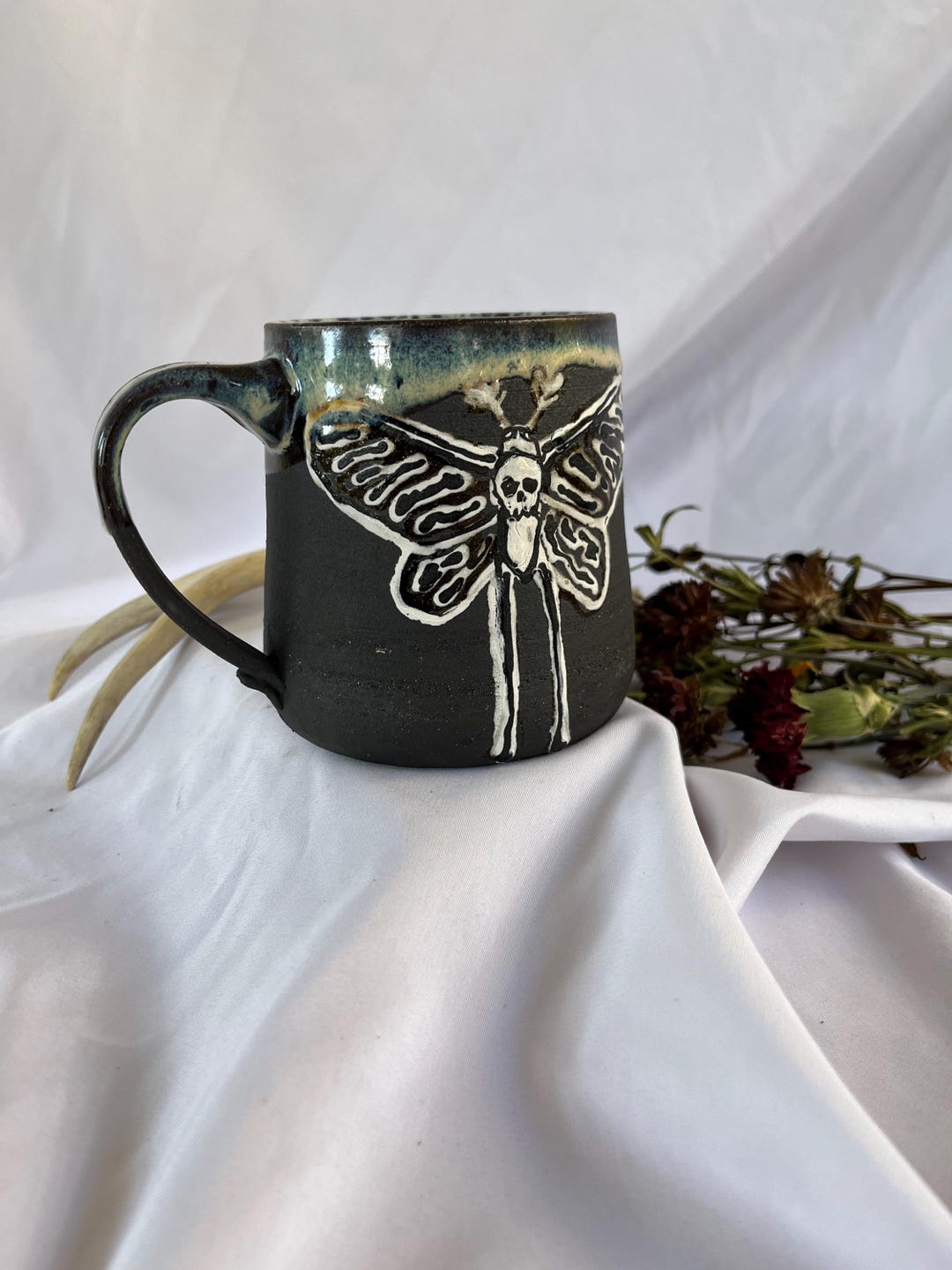 Shipwreck and Luna Moth Skull Pirate Mug Ceramic Handmade by Hannah ...