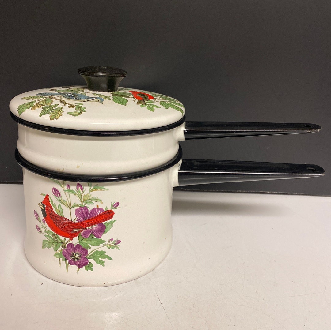 Invento White Enamelware Double Boiler Pan Set Bird Themed - Etsy