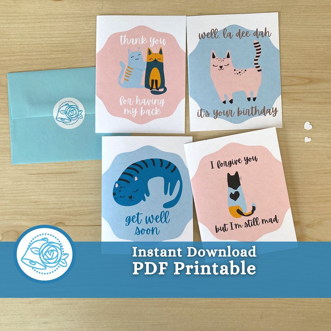 Printable Cat Art Cards, Any Occasion Kitty Card Bundle for Home ...