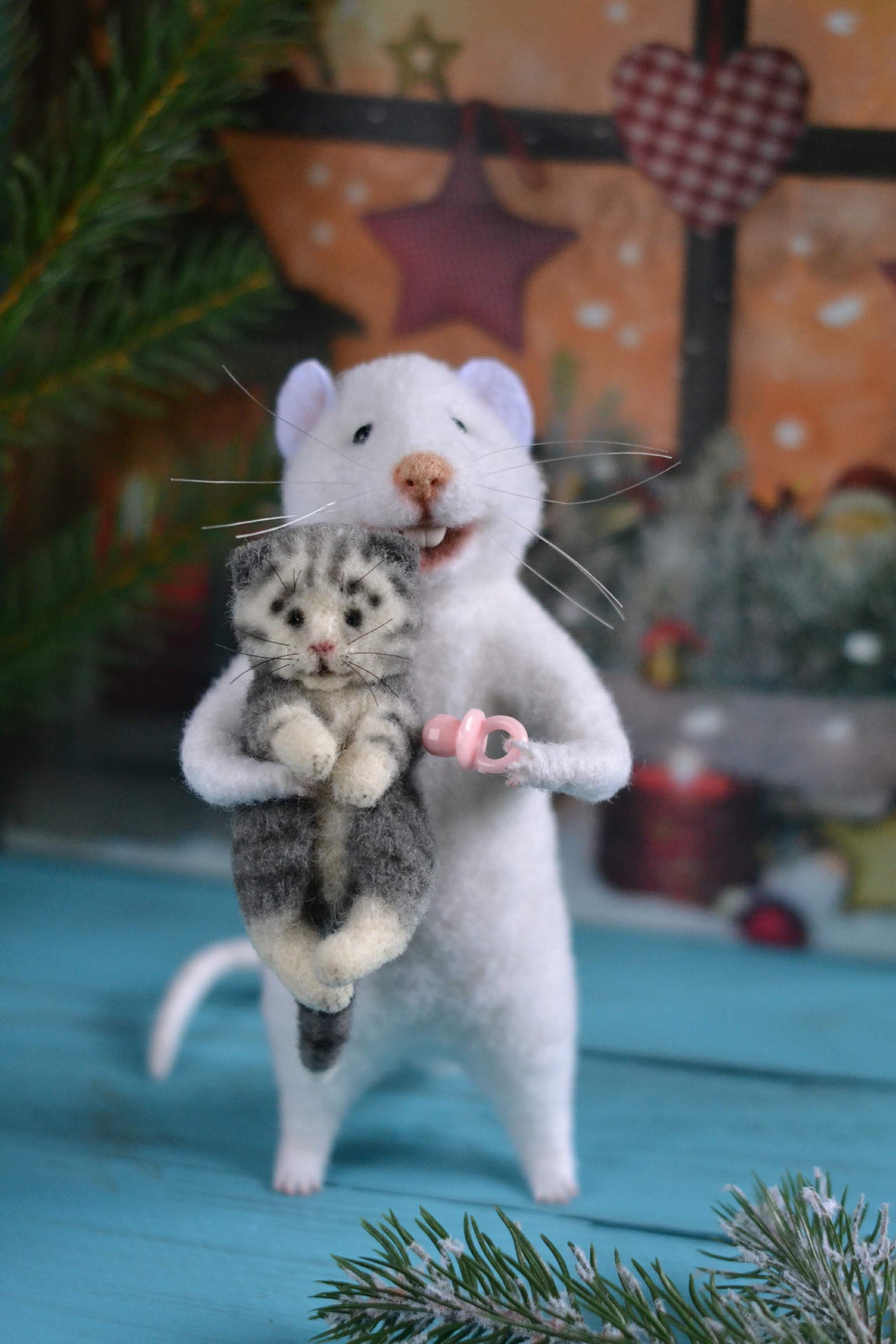 Needle Felted Mouse and Kitten Felted White Rat and Kitty Wool - Etsy