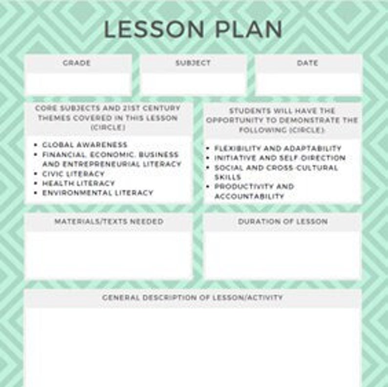 Lesson Plan Template Based on Partnership 21 Themes in Green - Etsy