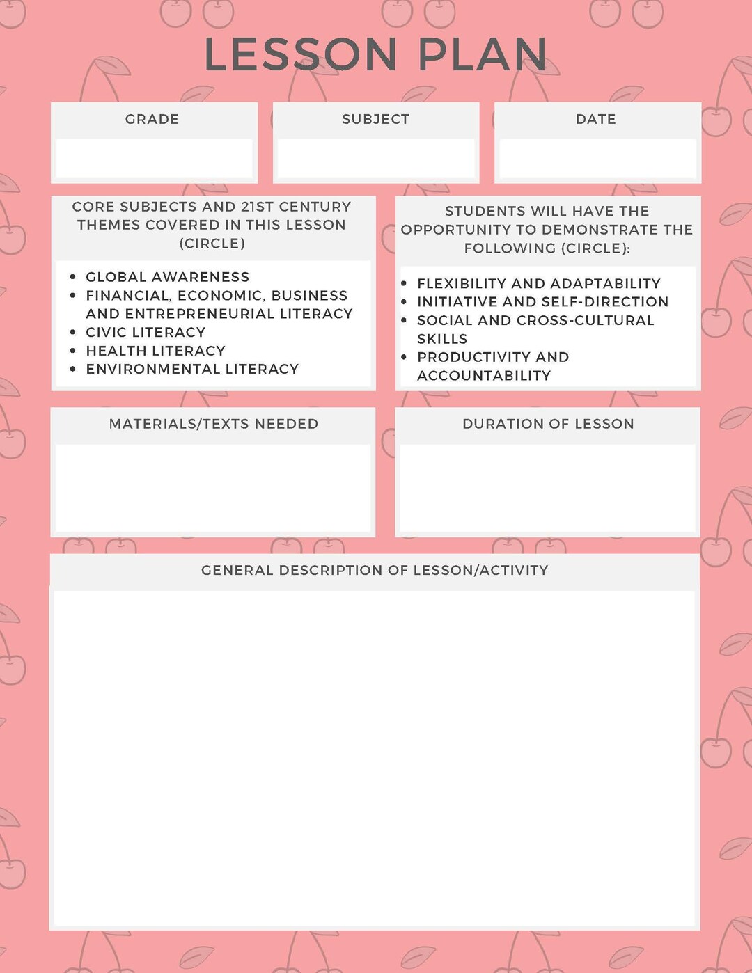 Lesson Plan Template - Based on Partnership 21 Themes in Pink - Etsy