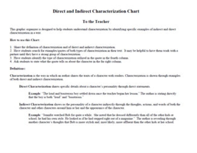 Characterization Graphic Organizer Direct and Indirect - Etsy