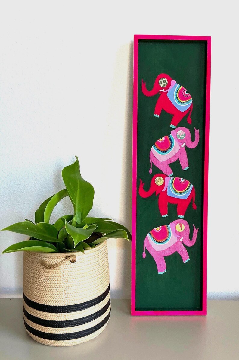 Pink Elephants Wooden Plaque Entryway Decor - Hand Painted Art ...