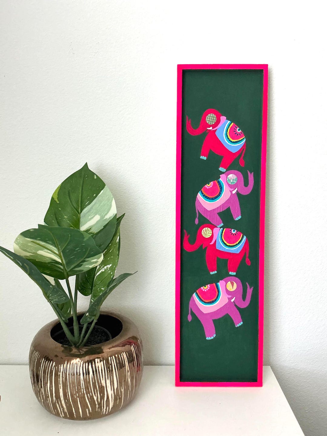 Pink Elephants Wooden Plaque Entryway Decor - Hand Painted Art ...