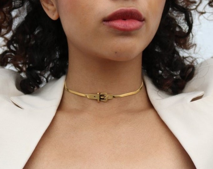 18K Choker Collar Necklace, Gold Choker, Buckle Chain Necklace, Gold ...