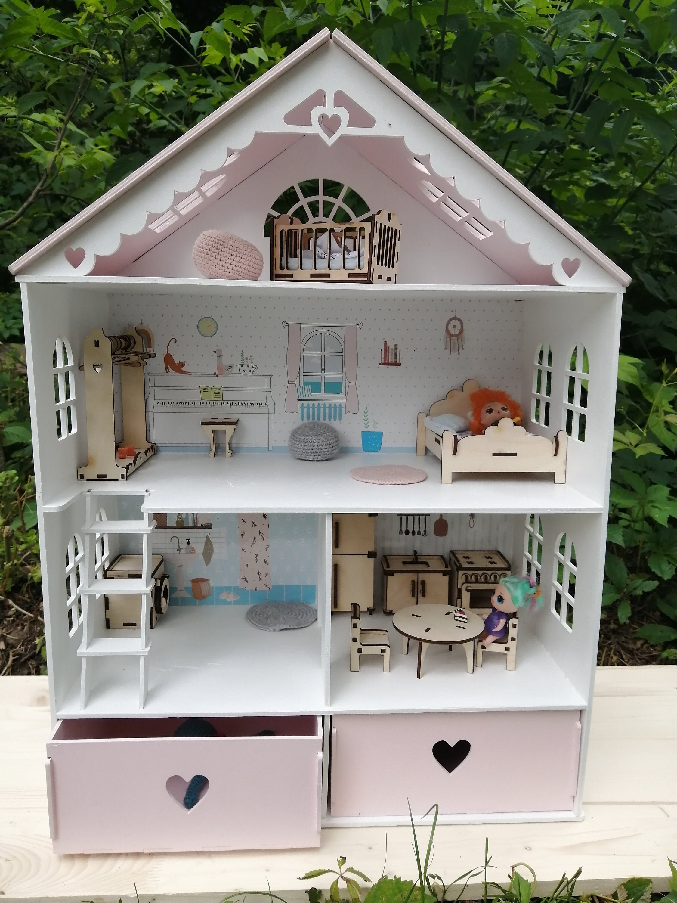 Wooden Dollhouse Toy Gift Dollhouse With Furniture Scale | Etsy