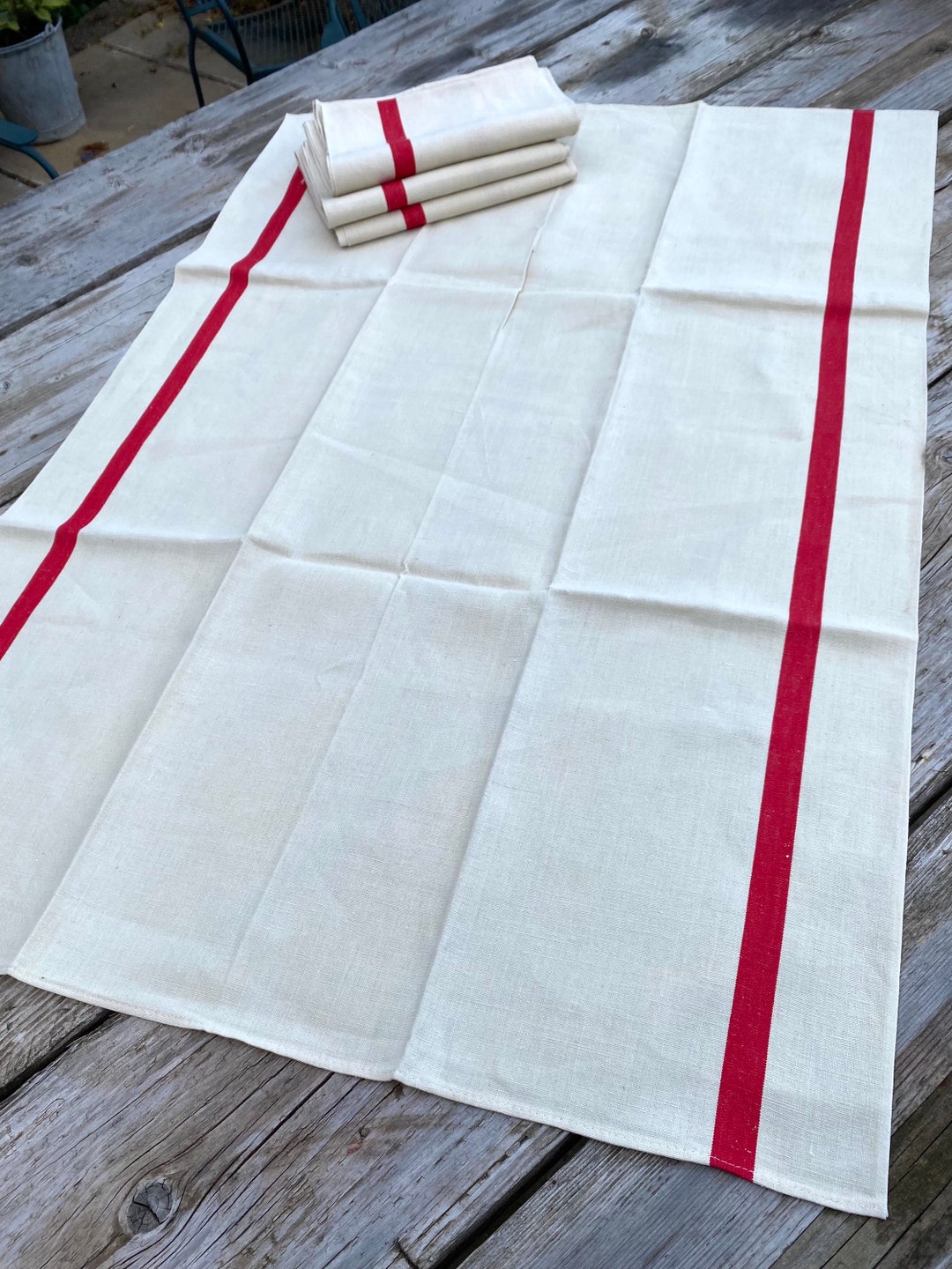 Vintage Large French Traditional Red Striped Linen Torchon or Hand ...