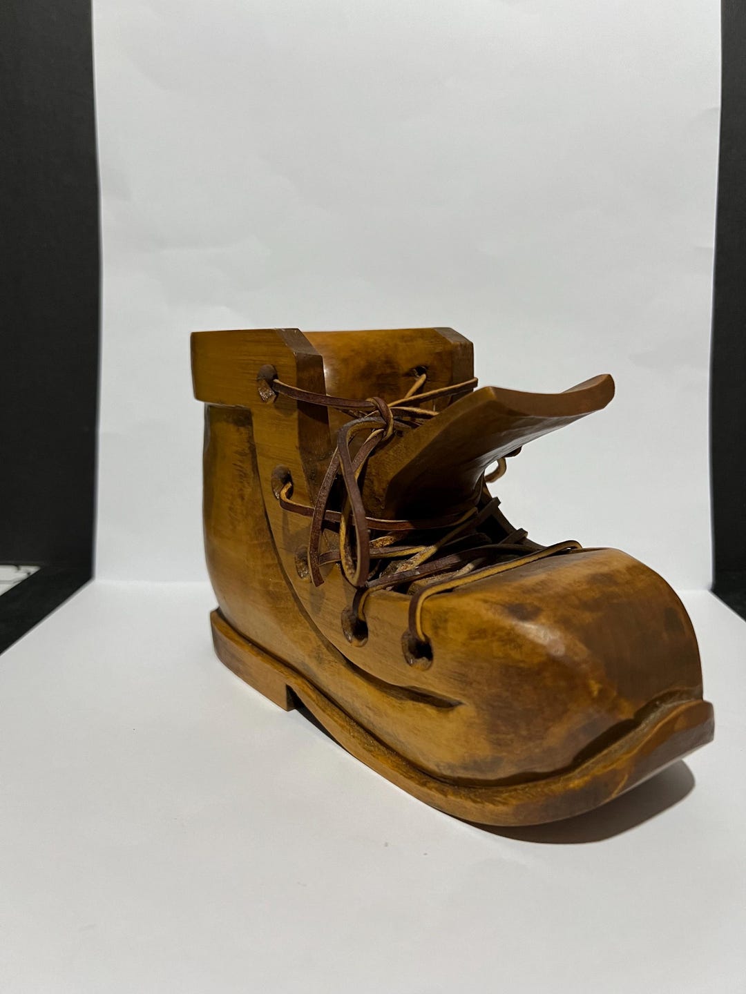 Carved Wooden Work Boot With Leather Laces Signed by Artist Jack ...