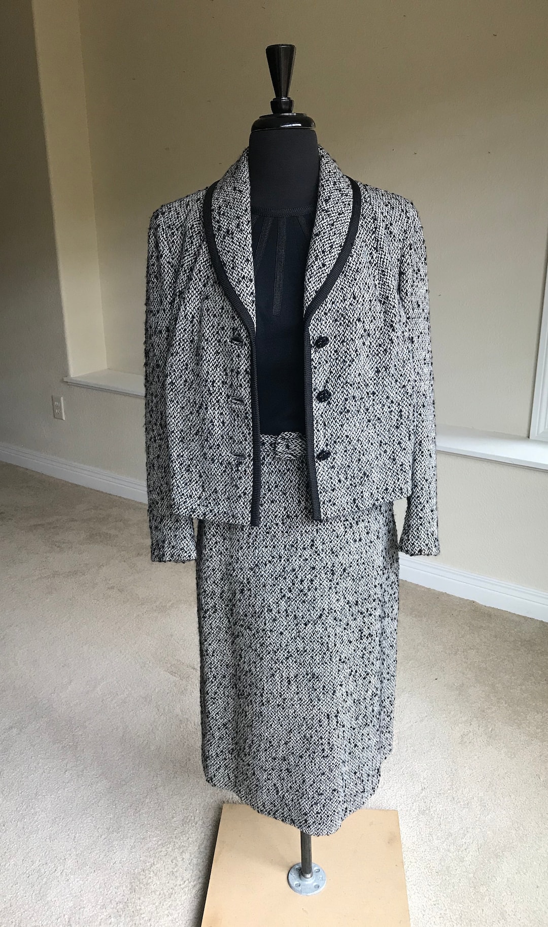 Vintage Black White Wool Tweed Dress Matching Jacket 2 Piece 1940 1950 ...